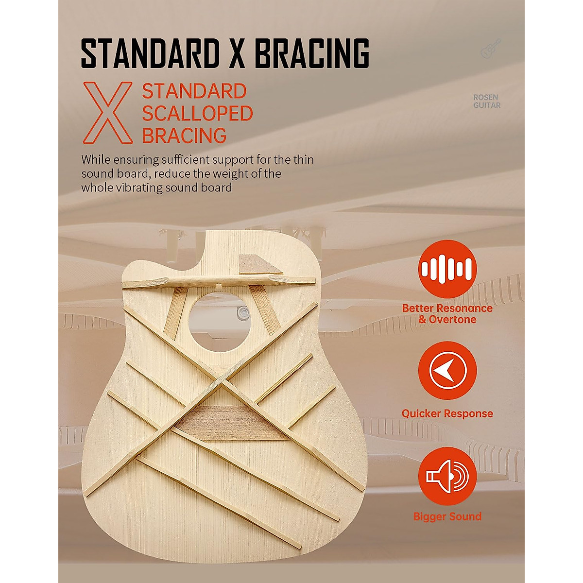 Rosen Solid Top Dreadnought Acoustic Guitar 41 Inches Spruce Guitar Beginner Bundle with Book, Padded Bag, Strings, Picks, Hexwrench, Strap, Polishing Cloth, Sunburst