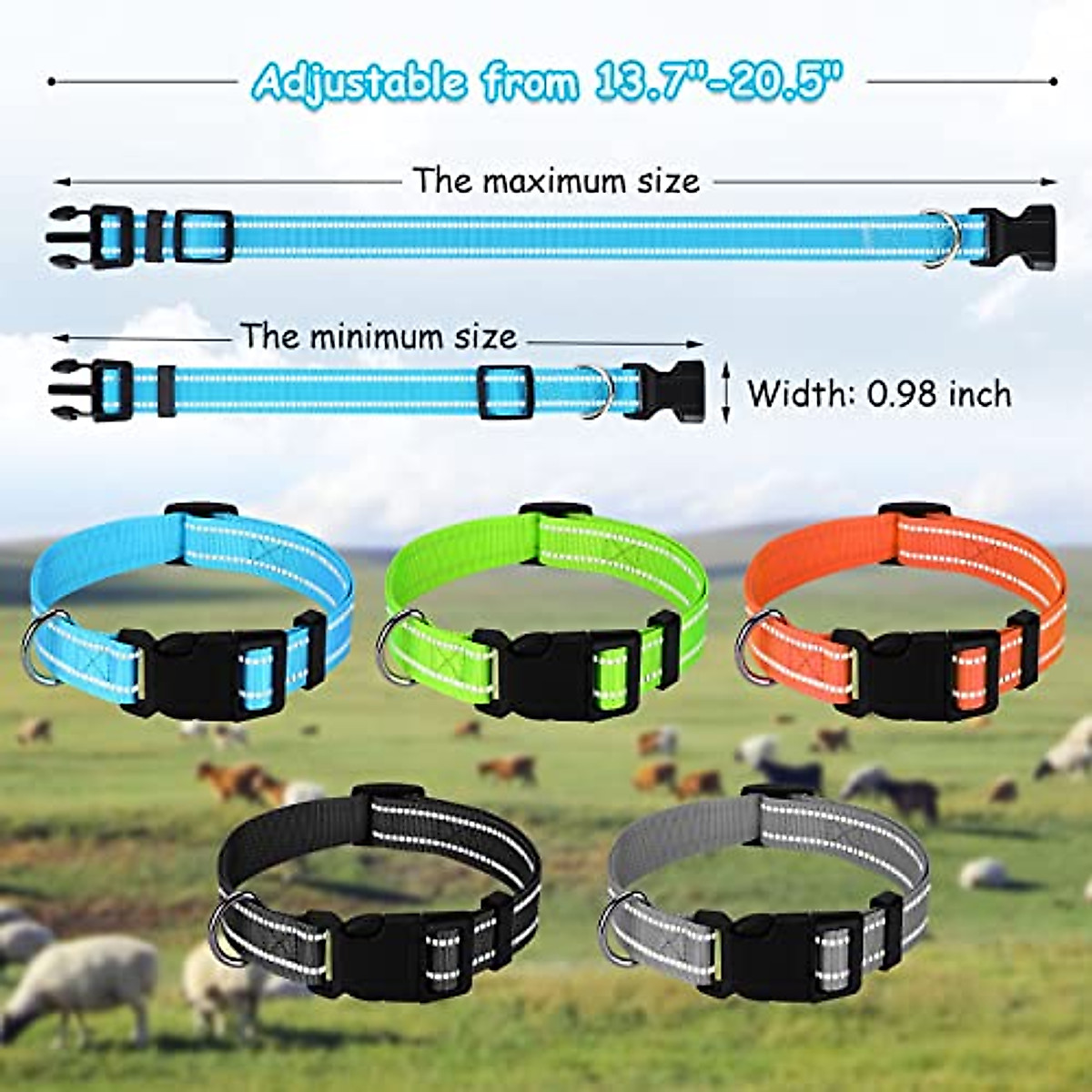 GINDOOR 5 Pack Reflective Goat Collars with Bells, Cow Horse Sheep Grazing Copper Bells and Adjustable Nylon Collar Set Pet Anti-Lost Loud Bronze Bell for Small Farm Animal Goat Sheep Cow Accessories