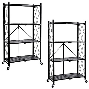 HealSmart 4-Tier Heavy Duty Foldable Metal Rack Storage Shelving Unit with Wheels Moving Easily Organizer Shelves Great for Garage Kitchen Holds up to 1000 lbs Capacity, Black,2 Pack