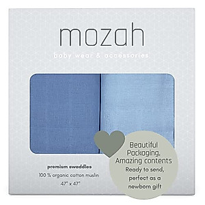 MOZAH Organic Muslin Swaddle Blankets - 100% Soft Organic Cotton - Baby Girl Blanket and Baby Boy Blanket - Ideal Baby Registry Items Unisex Essentials - Baby Swaddles (Dark and Light Blue)