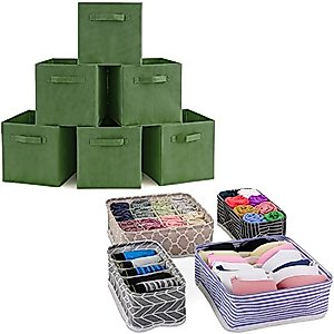 EZOWare Bundle Kit 6 Pcs Kale Green Collapsible Fabric Cube Storage Bin Baskets + 4 Closet Wardrobe Dresser Drawer Organizer Divider For Organizing Nursery Baby Clothes