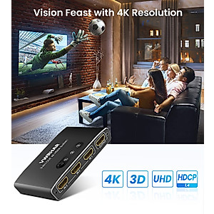 HDMI Switch 3 in 1 Out 4K UHD HDMI Switcher Splitter, Automatic Switch with Remote Metal HDMI Switch Box Hub Support 4K 30Hz 3D 1080P HDCP1.4 for PS5 PS4 Xbox DVD Player Fire Stick Apple TV PC