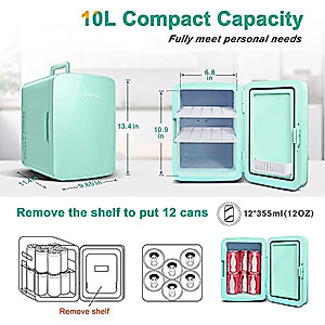 CROWNFUL Multifunctional Mini Fridge, 10 Liter/12 Can Portable Cooler and Warmer Personal Fridge for Skin Care, Food, Medications, Plugs for Home Outlet & 12V Car Charger Included, ETL Listed
