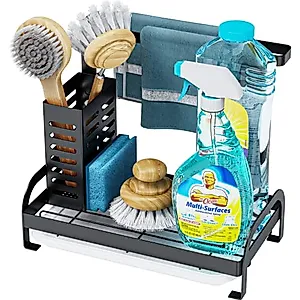 Kitchen Sink Caddy Sponge Holder - iSPECLE Sink Organizer with Brush Holder Drain Pan Tray, Dishrag Dishcloth Holder Storage Kitchen Accessories, Black
