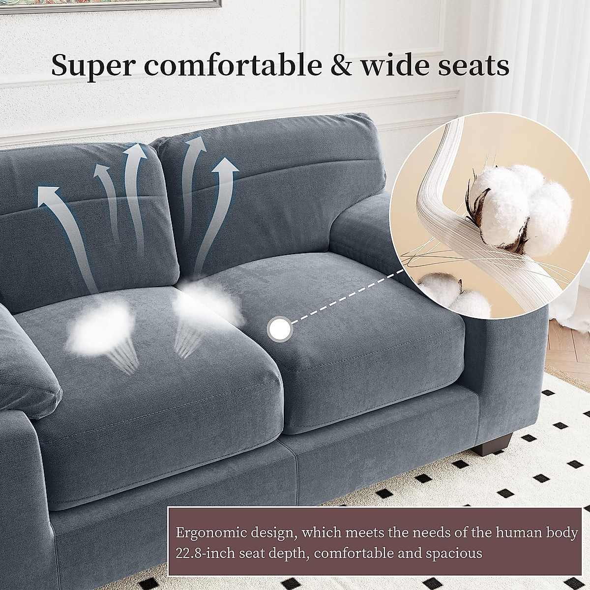 HIPIHOM 59.1 Inch Sofa, Comfy Sofa Couch with Extra Deep Seats, Modern Sofa- 2 Seat Sofa, Couches for Living Room Bedroom Guest Room Apartment Resistant Studio Dorm, Lounge, Grey Fabric, Small