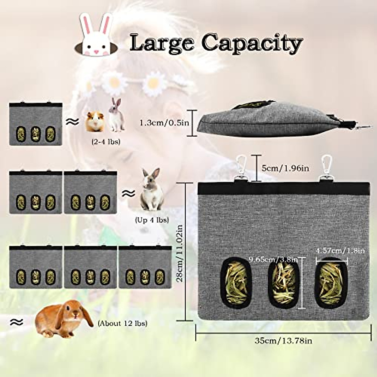 Guinea Pig Hay Bag Rabbit Feeding Bag, Rabbit Hay Feeder, 3 Holes Small Animal Hay Feeder Bag Hanging Feeder Bag Storage Strap for Chinchilla Hamster Rabbit Guinea Pig Small Pets (Grey)