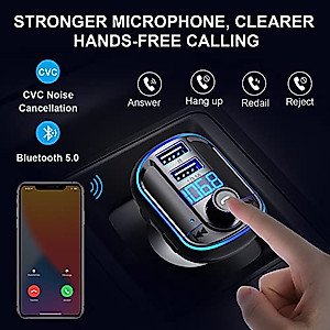 Bluetooth FM Transmitter for Car - Bluetooth Car Adapter Radio Transmitter, Dual USB Car Charger, MP3 Music Player Bluetooth 5.0 Car Kit with Breathing Light, Hands-Free Calls Siri Google Assistant