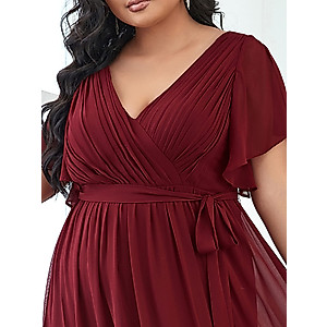 Ever-Pretty Plus Women's V-Neck A-Line Ruched Bust Ruffle Sleeves Plus Size Maxi Formal Evening Gown Burgundy US20