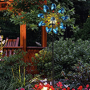 Glintoper Solar Wind Spinner, Outdoor Metal Stake Yard Spinners, Jewel Cup Garden Wind Catcher Windmill for Mom, Color Changing Glass Ball, Mothers Day Ideal Gifts, Dual Direction for Patio Lawn Yard