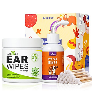 GJYC PET Dog Ear Cleaner-Ear Rinse & 100pcs Dog Ear Wipes & 30 Cotton Swabs Dog Ear Inflammation Therapy for Itch Relief, Soothe Ear Inflammation, Removes Wax, Odor