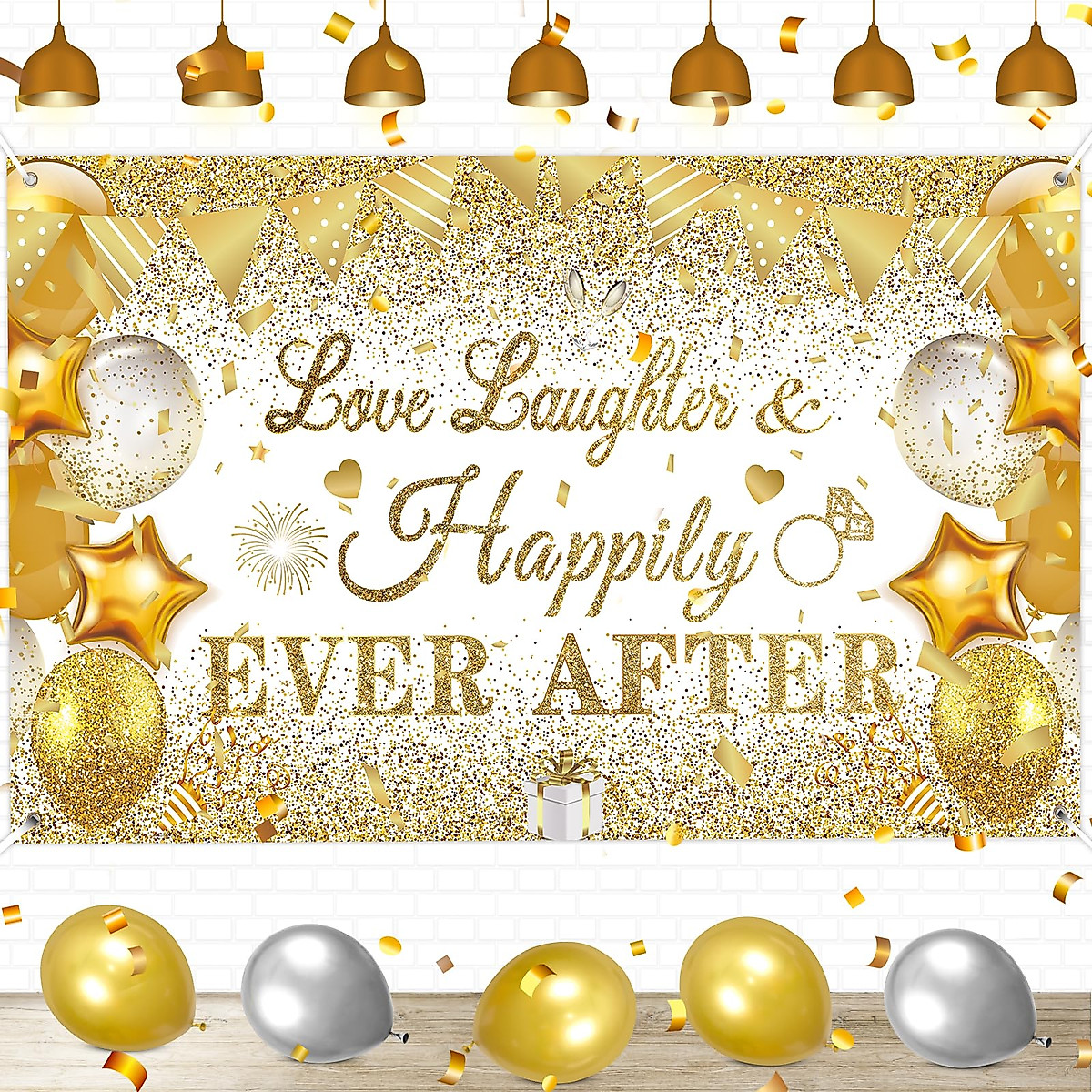 White Gold Bridal Shower Decorations Love Laughter and Happily Ever After Banner Backdrop Wedding Shower Banner Happily Ever After Decorations White Gold Wedding Bridal Engagement Party Decorations