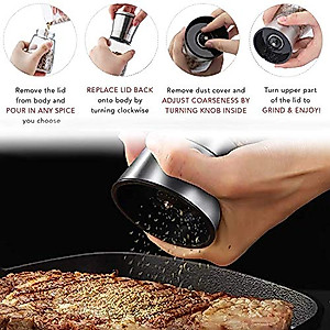 LessMo Salt and Pepper Grinder Set with Wooden Standing Tray, Refillable Pepper Mill Set - Brushed Stainless Steel - Short Glass Shakers with Adjustable Coarseness for Peppercorn, Salt or Spice Mill