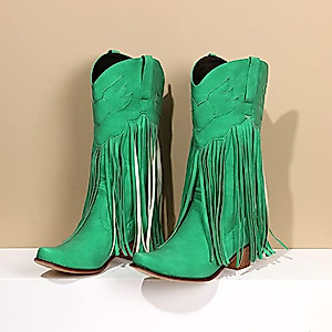 Comfortable Pull On Chunky Heel Pointed Toe Fringed Boots Western Knee High Boots Mid Boots Chunky High Heel Green