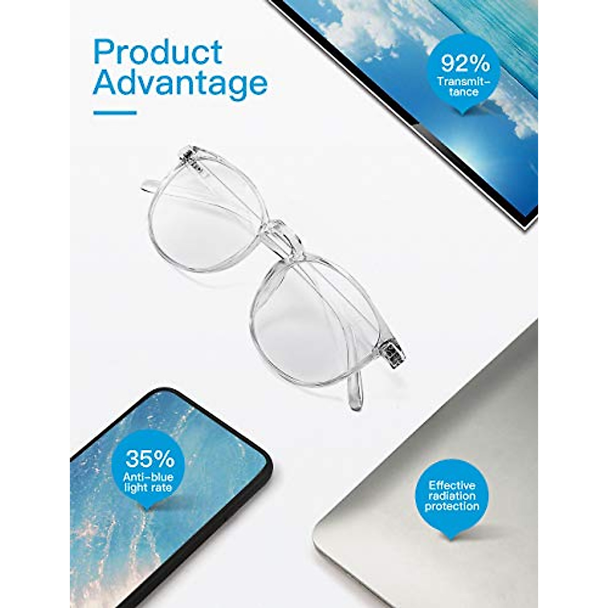 CNLO Blue light blocking Glasses,Computer Glasses,Gaming Glasses,TV Glasses，For UV Protection, Anti Eyestrain,Lightweight Frame Eyewear,Men/Women (Crystal)