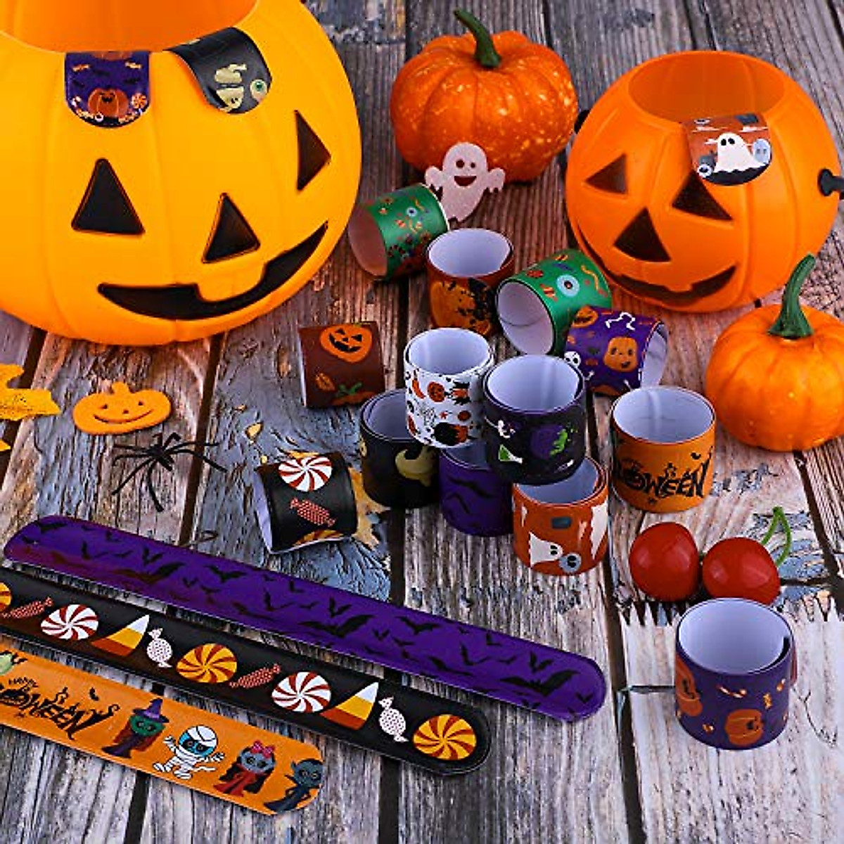 ELCOHO 48 Pieces Halloween Slap Bracelets Toys Assorted Halloween Designs Snap Bracelets Wristbands for Craft Halloween Party Favors Exchanging Gifts