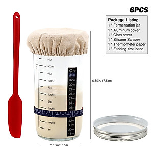 Sourdough Starter Jar with Lid Set, 550ml Glass Round Jar Reusable Wide Mouth Jar with Scale + Silicone Scraper + Cloth Cover for Bread Fermentation Various Flour, 6Pcs