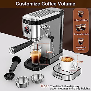 ICUIRE Espresso Machine 20 Bar, Stainless Steel Espresso Maker with Milk Frothing Pitcher, Professional Cappuccino Machine with Milk Frother semi-automatic espresso machine with 1.1L Water Tank