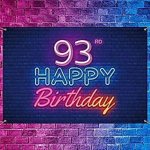 Glow Neon Happy 93rd Birthday Backdrop Banner Decor Black – Colorful Glowing 93 Years Old Birthday Party Theme Decorations for Men Women Supplies