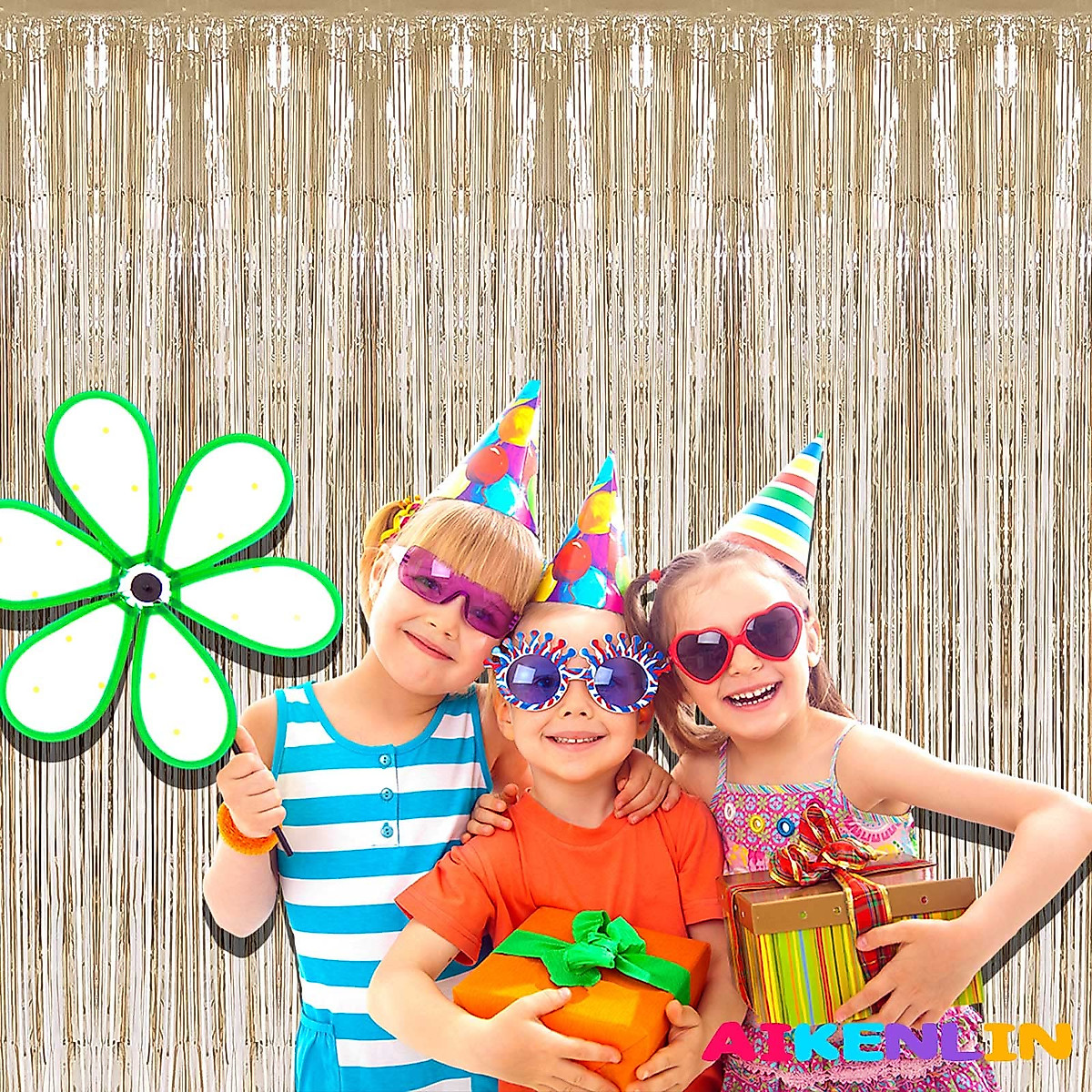 4 Pack 3.2Ft x 8.2Ft Champagne Gold Foil Fringe Curtain Backdrop, Metallic Tinsel Foil Fringe Streamers Curtains Background for Photo Booth, Birthday, Wedding, Halloween, Christmas Party Decoration