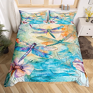 Feelyou Girls Dragonfly Bedding Set Floral Dragonfly Duvet Cover for Kids Boys Girls Ornamental Dragonfly Comforter Cover Botanical Bed Set 1 Duvet Cover with 2 Pillowcases Queen Size (No Comforter)