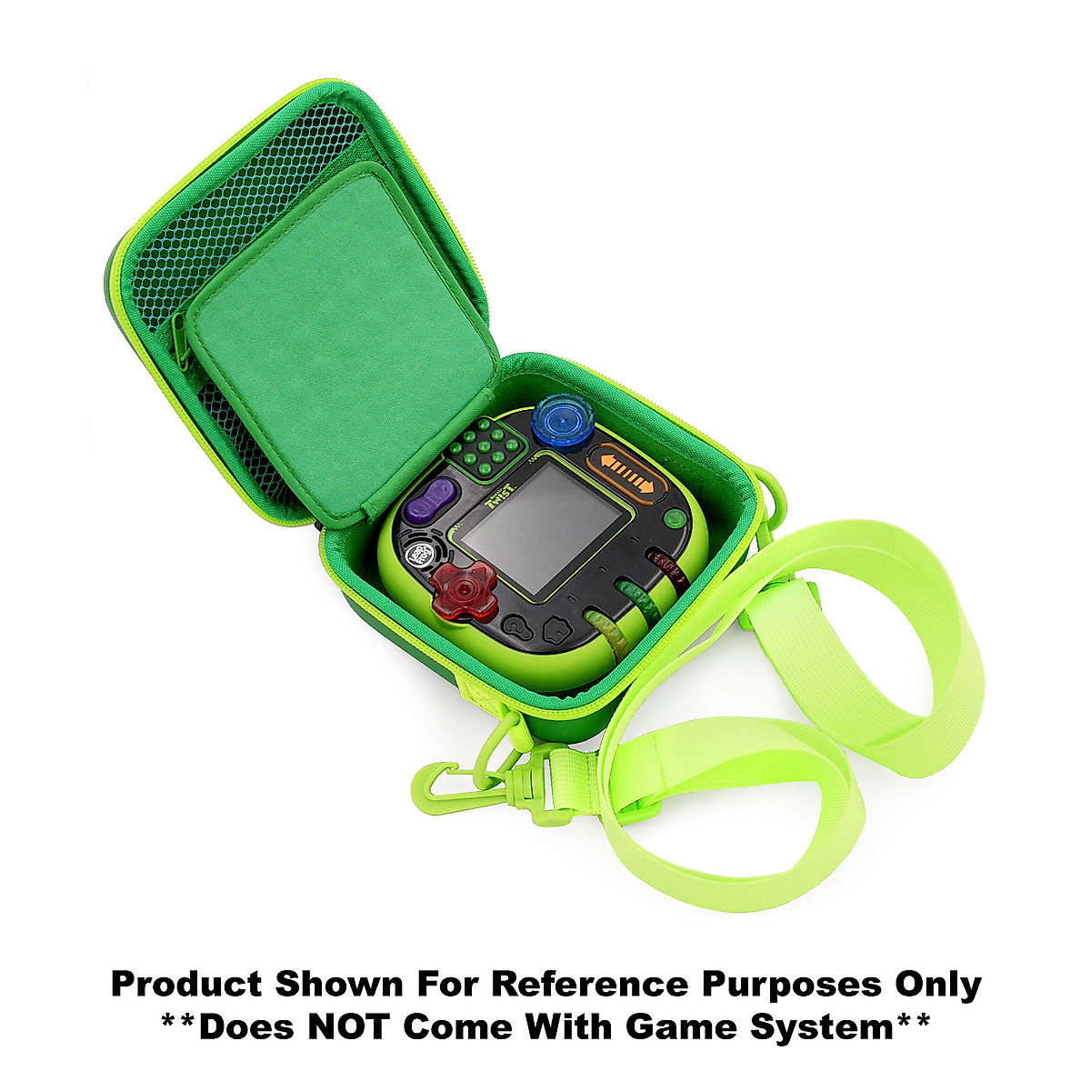 CASEMATIX Green Toy Box Travel Case Compatible with Leapfrog Rockit Twist Handheld Learning Game System - Includes Adjustable Shoulder Strap, Accessory Storage and Rubber Frog Keychain - CASE ONLY