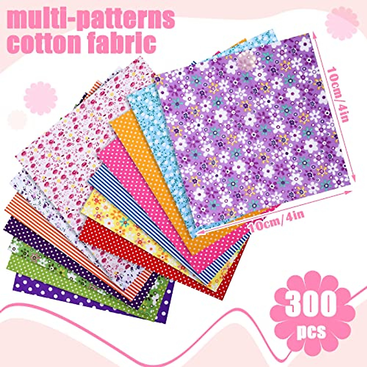 300 Pieces 4 x 4 Inches Cotton Fabric Bundle Precut Patchwork Fabrics Fat Squares Fabric Scraps Cotton Quilting Printed Floral Fabric Patchwork for DIY Craft Sewing Clothing