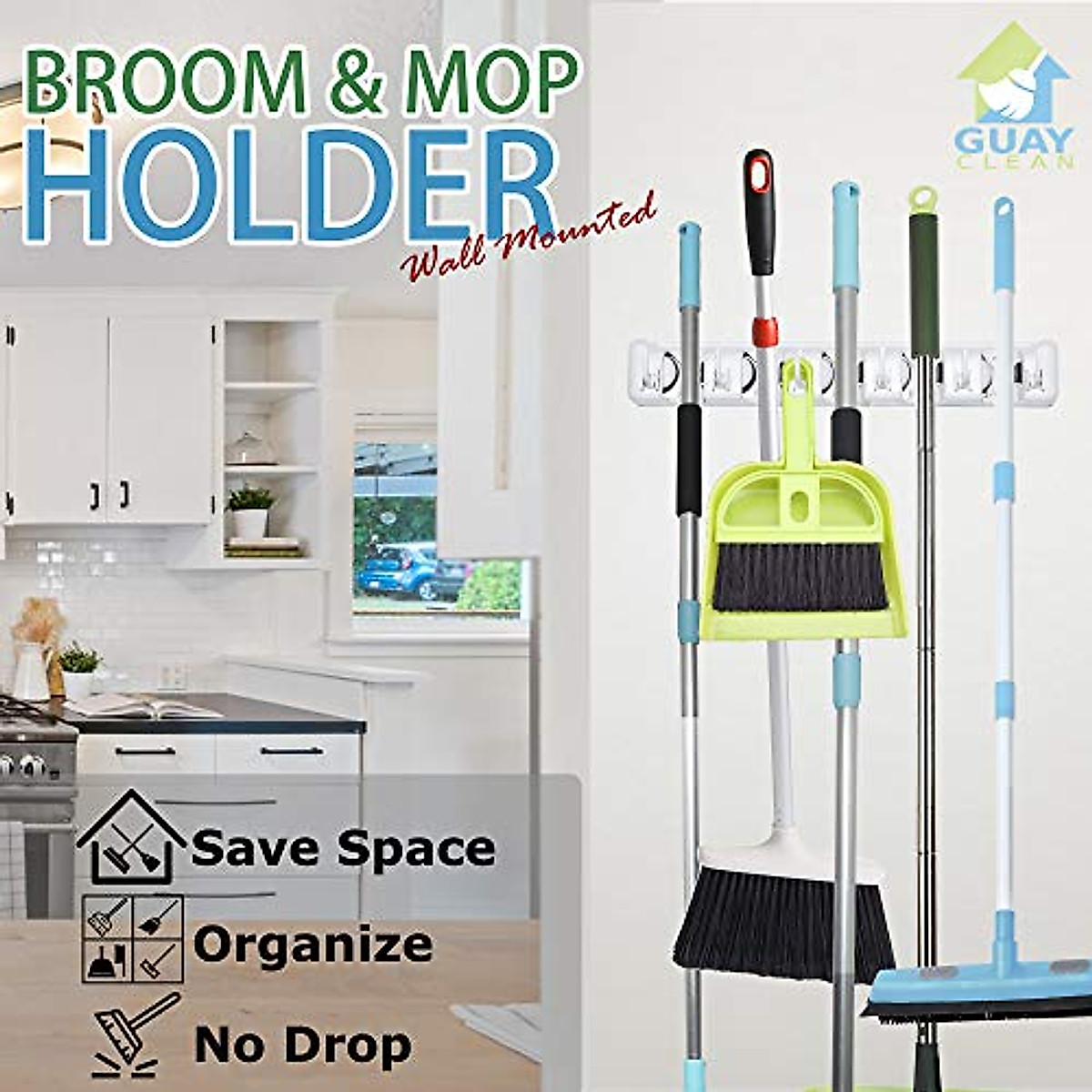 Guay Clean Broom and Mop Holder - Garden Tool Organizer - Home Storage Utility Rack- Strong Grip Hangers with Foldable Hooks - Heavy Duty Wall Mounted Shelf System - Fixed