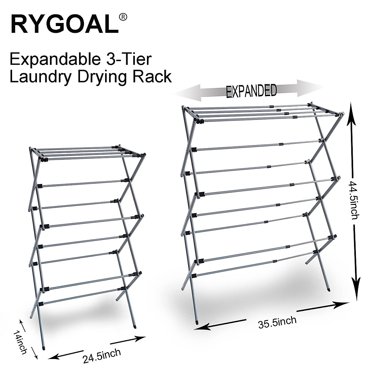 RYGOAL Clothes Drying Rack, 3-Tier Laundry Drying Rack Collapsible, Extendable 42.7" x 35.5" x 14.6" Large Drying Rack, Space Saving Stainless Steel Drying Rack Clothing for Indoor Outdoor Use