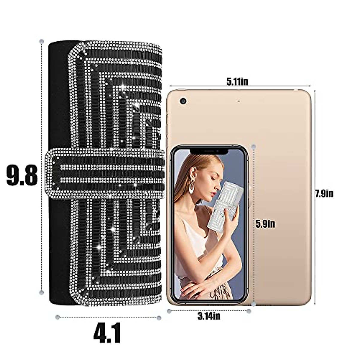 QELEG Satin Evening Bags Rhinestone Clutch Purses for Women Handbags Formal Wedding Party Prom Purse Money Bags (Black)