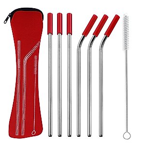 Hoshen 7 Piece 8.5 Inch Reusable Stainless Steel Straw Set With Anti-Scratch Mouth Silicone Tip, Bone Pack Set (3 Straight/3 Curved/1 Brush/6 Silicone Mouth) - Red