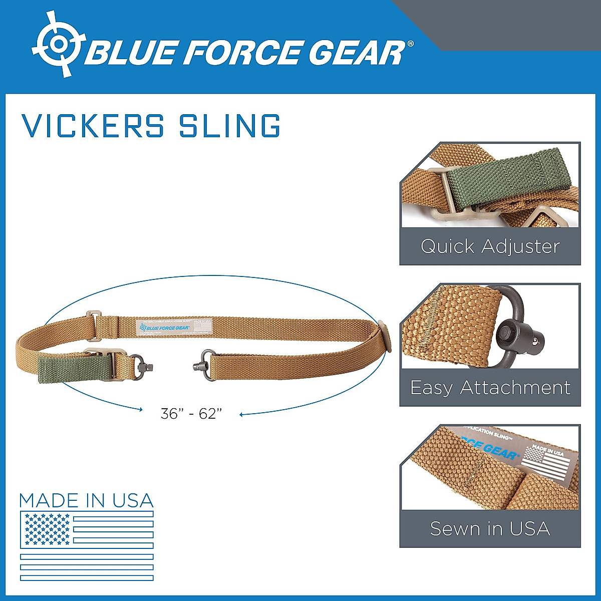 Blue Force Gear Vickers Push Button Sling | Adjusts for Carrying Positions | 2 Point Sling with QD Points | 36-62 inches (Black)