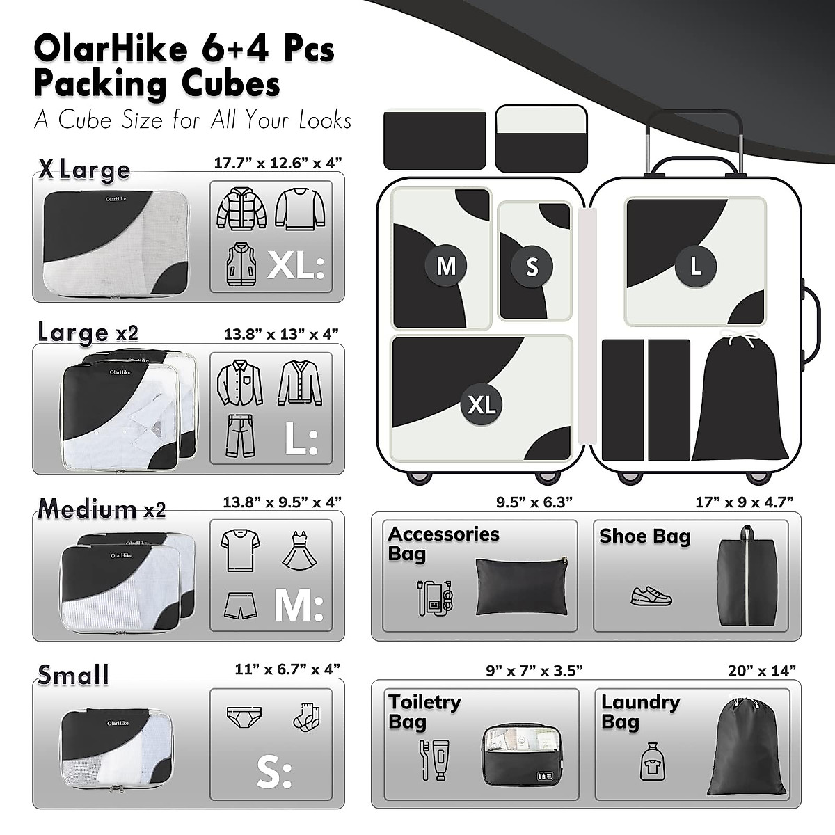 ALL INCLUDED 10 Set Sturdy Packing Cubes for Suitcases,OlarHike Travel Essentials,UPGRADED Anti-Tear Stitching, NEW Improved Luggage Packing Organizers for Travel Accessories(Black)