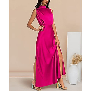 BTFBM Women Sleeveless Mock Neck Cocktail Dresses Keyhole Elastic Waist Party Wedding Guest Satin High Split Maxi Dress(Solid Rose Red, Medium)