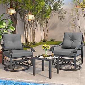 UDPATIO Outdoor Swivel Rocker Chairs, 3 Piece Metal Patio Rocking Chairs with Grey Padded Cushions Patio Bistro Furniture Set with Side Table for Porch Balcony Backyard, Grey