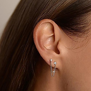 GLAHORSE 925 Sterling Silver Four Zircons Flower Stud Earrings For Women Double Studs Chain Tassel Piercing Earring 18K Gold