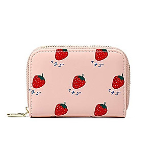 NVKIC Cute Credit Card Holders for Women Strawberry Pattern Zip-Around Faux Leather Slim Wallet for Girls Cash Coin Purse Pink Color