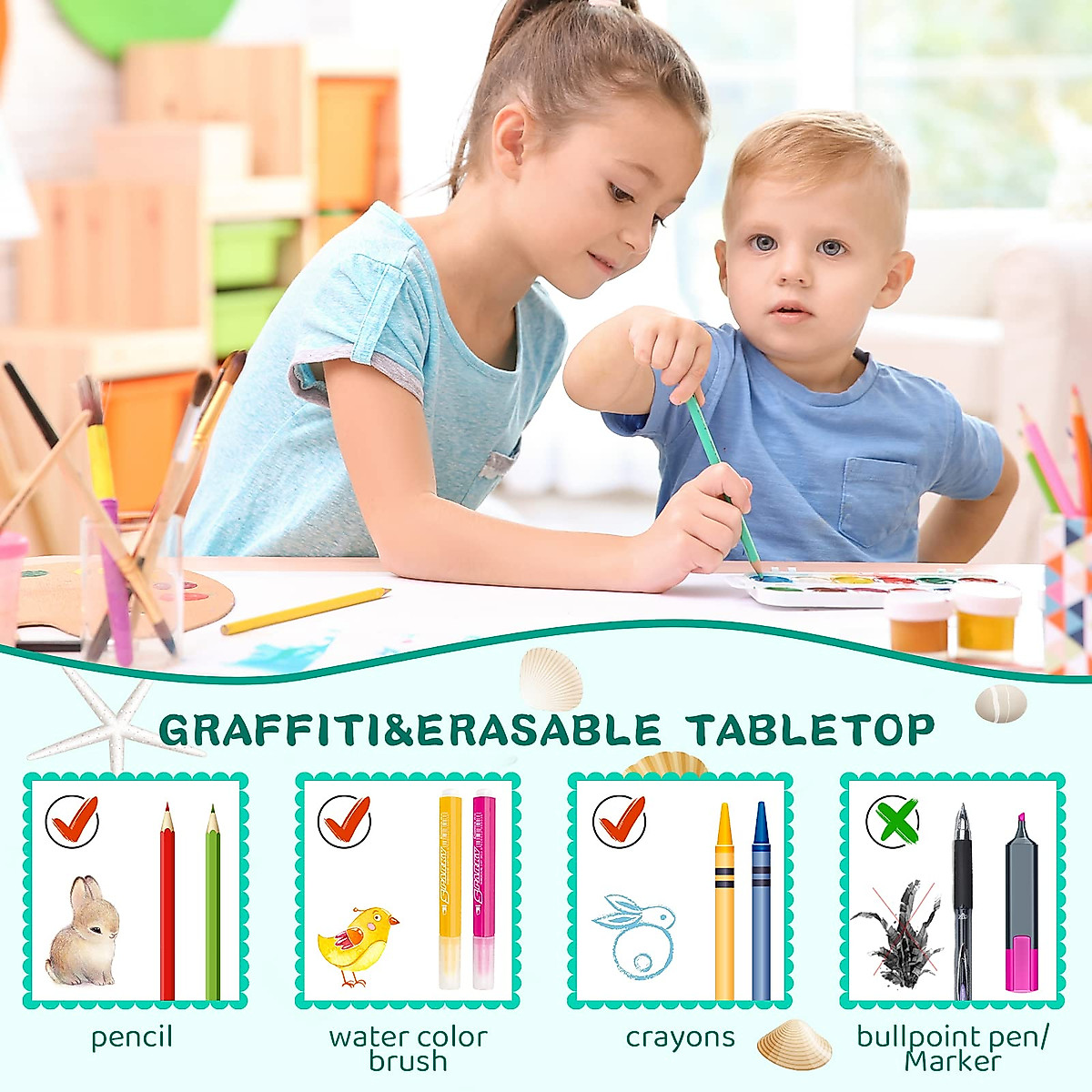 AuAg Kids Table and 4 Chairs Set, Height Adjustable Toddler Study Table and Chair Set for Age 2-10, Multi-Activity Art Table W/Graffiti&Scrubtable Desktop, for Daycare, Classroom, Home (Mint Blue)