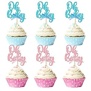 Gyufise 36Pcs Oh Baby Cupcake Toppers Pink Blue Bow Glitter Baby Shower Gender Reveal Cupcake Picks for Boy or Girl Theme Baby Shower Kids Birthday Party Cake Decorations Supplies