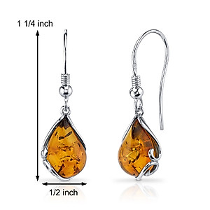 Peora Genuine Baltic Amber Teardrop Earrings for Women 925 Sterling Silver, Rich Cognac Color, Fishhooks