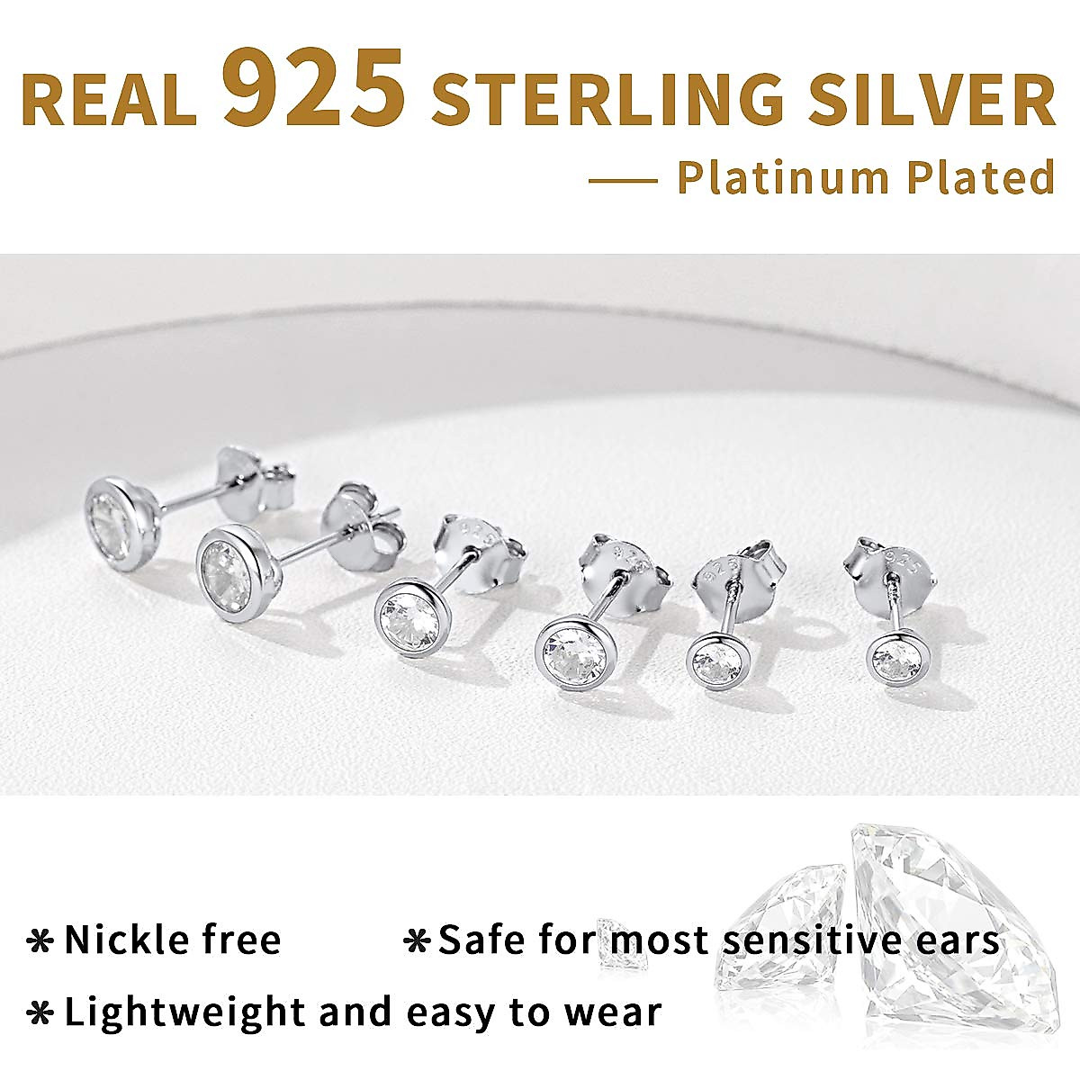 ChicSilver Sterling Silver Stud Earrings for Women Men- 3 Pairs Hypoallergenic Tiny Simulated Diamond Round Cubic Zirconia Ear Stud Set for Sensitive Ears