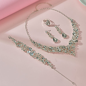 Paxuan Crystal Rhinestone Women Jewelry Sets for Wedding Bridal Party Bridesmaids Crystal Necklace Earrings Bracelets Rings Jewelry Set for Mother’s Day