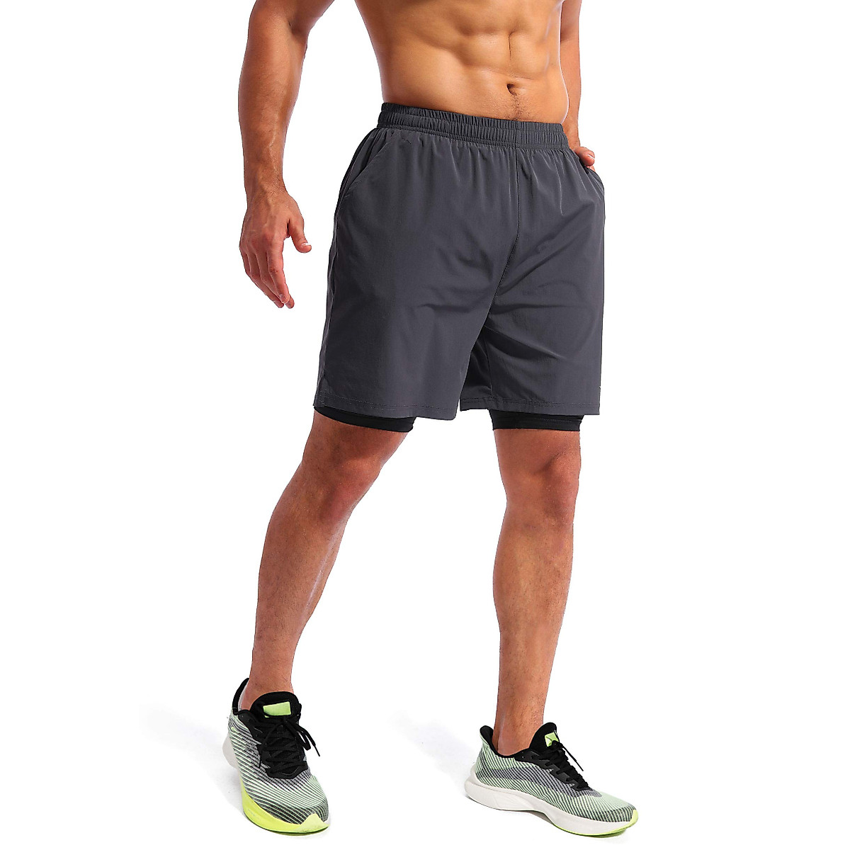 Pudolla Men’s 2 in 1 Running Shorts 7" Quick Dry Gym Athletic Workout Shorts for Men with Phone Pockets(Dark Grey Large)