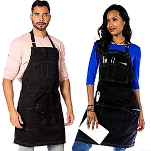 Under NY Sky Chef Apron – Professional Black Twill – Cotton Straps - Smart Pockets - Adjustable for Men and Women – Pro Chef, Cook, Kitchen, Baker, Barista, Bartender, Server Aprons