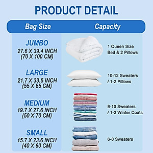 Fygrip 16 Pack Vacuum Storage Bags with Hand Pump, 4 Jumbo + 4 Large + 4 Medium + 4 Small Plastic Packaging Bags, 80% Space Saver Vacuum Seal Bags for Clothing, Travel Lugggage, Blankets, Comforters