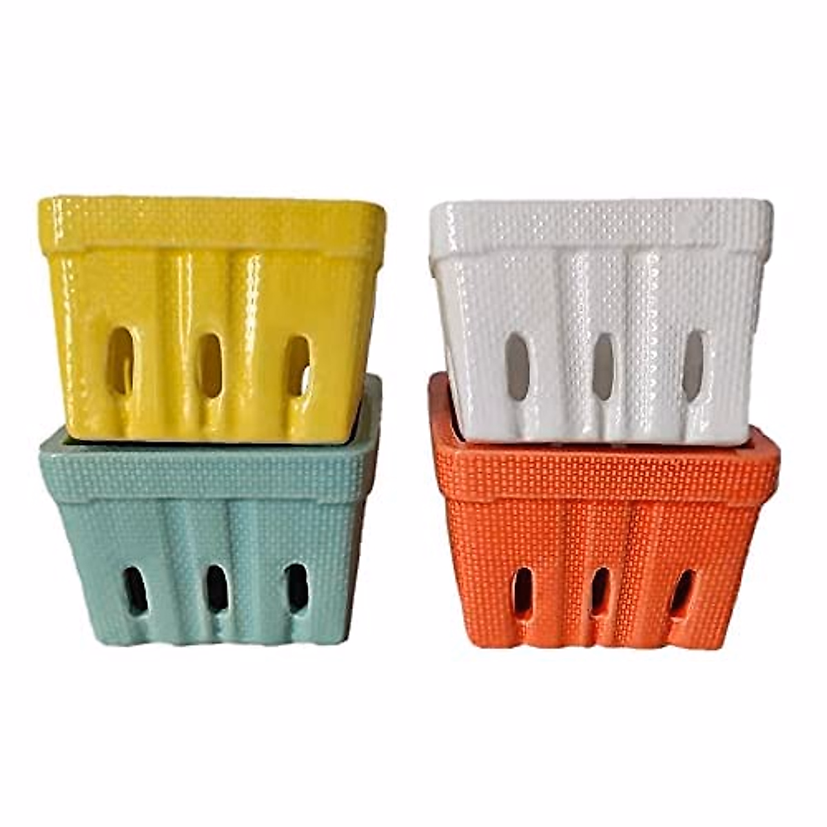 First of a Kind Stoneware Berry Baskets - Set of 4 Berry Containers Bowl - Textured Design - 4.25 Inch Square Kitchen Fruit Basket, Farmhouse Ceramic Berry Basket Bins for Veggie, & Fruits (Style 6)
