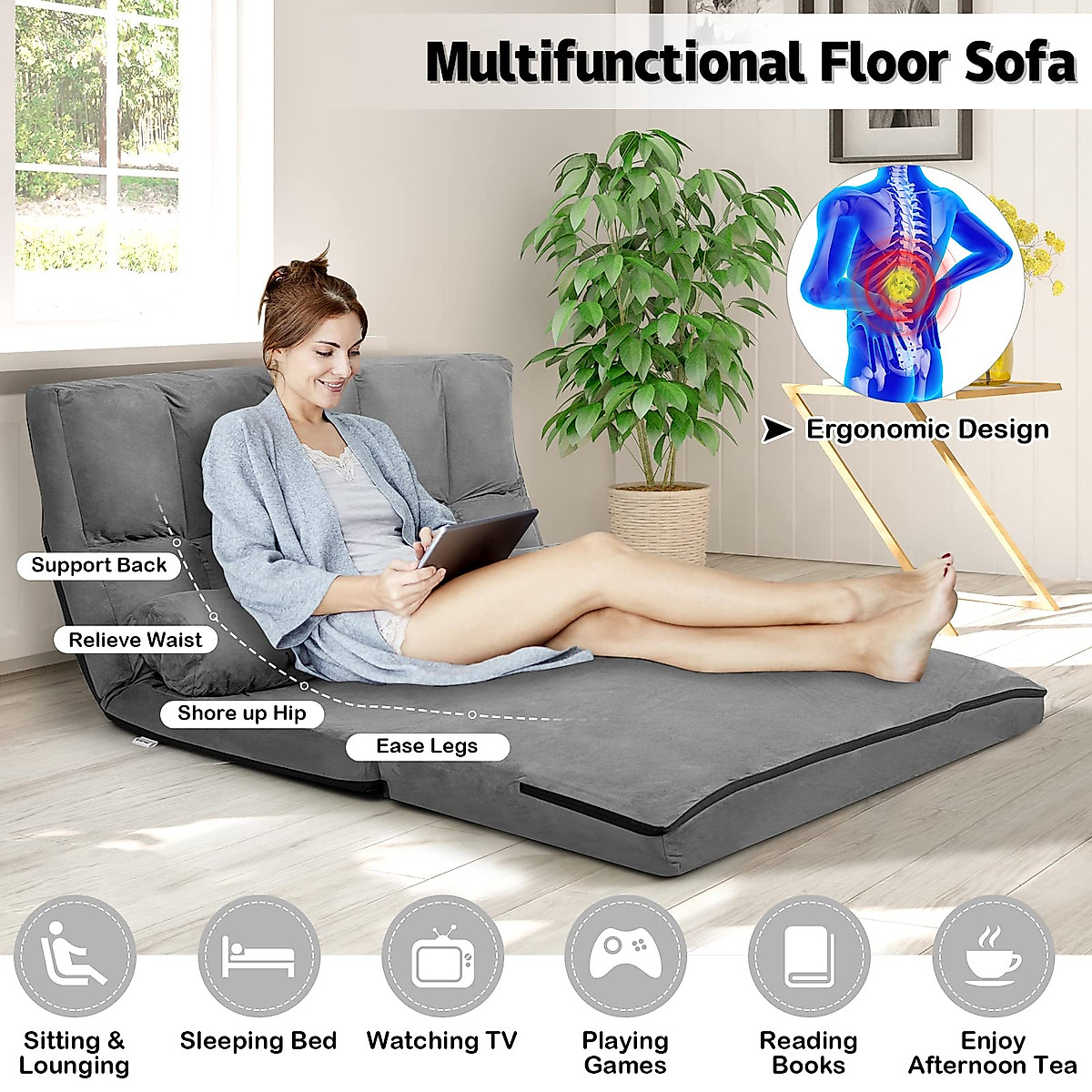 KOMFOTT Adjustable Floor Sofa Bed, Foldable Lazy Sofa Sleeper Bed with 6 Position Backrest & 2 Pillows, Convertible Futon Couch Bed with Suede Cloth Cover, Lounge Recliner for Living Room