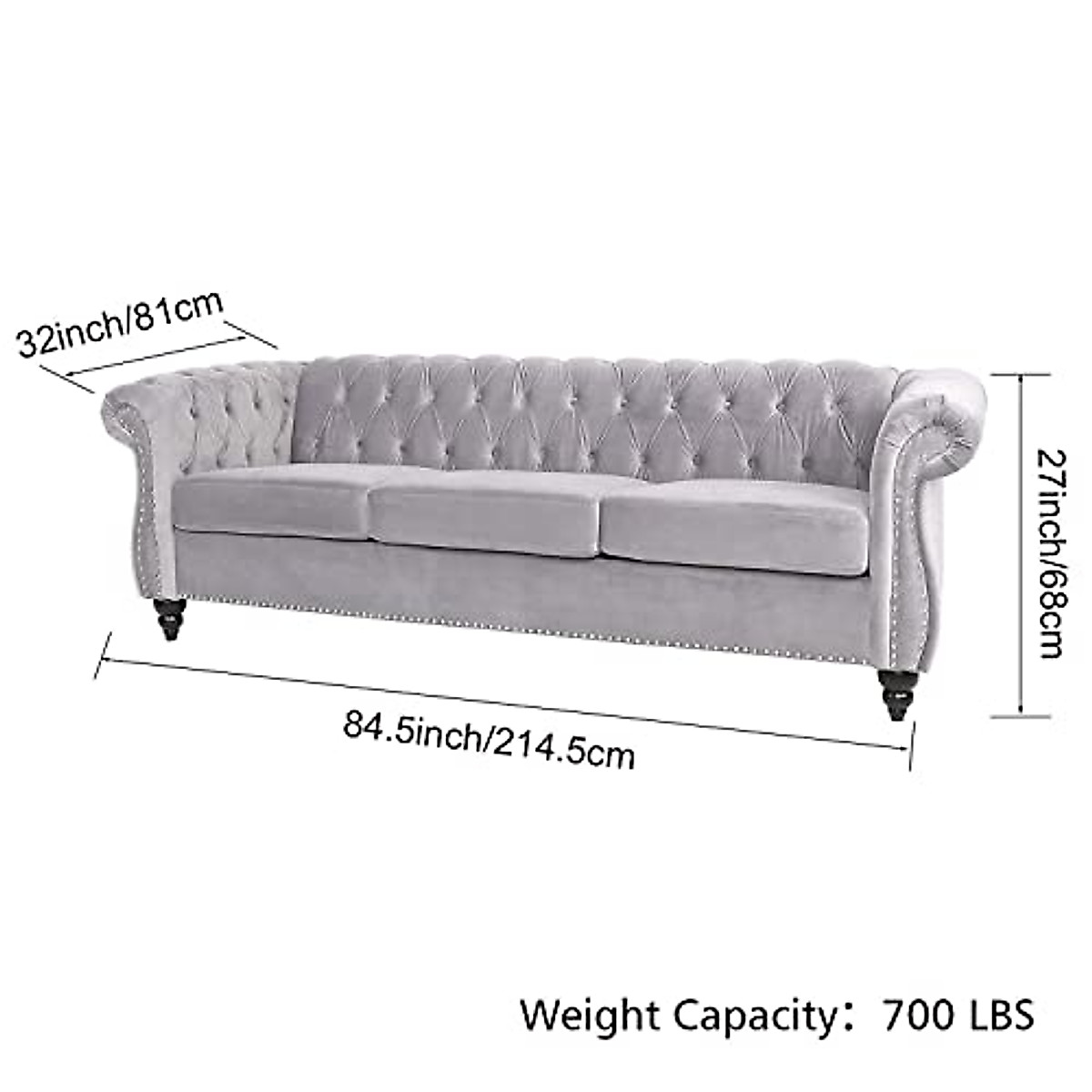 LEFHDA 84" Velvet Upholstered Chesterfield Sofa Couch, Modern 3 Seater Sofa Couch, Thicken Seat Cushions and Button Tufted Back Chesterfield Couch with Nailhead Trim Rolled Armrests, Grey