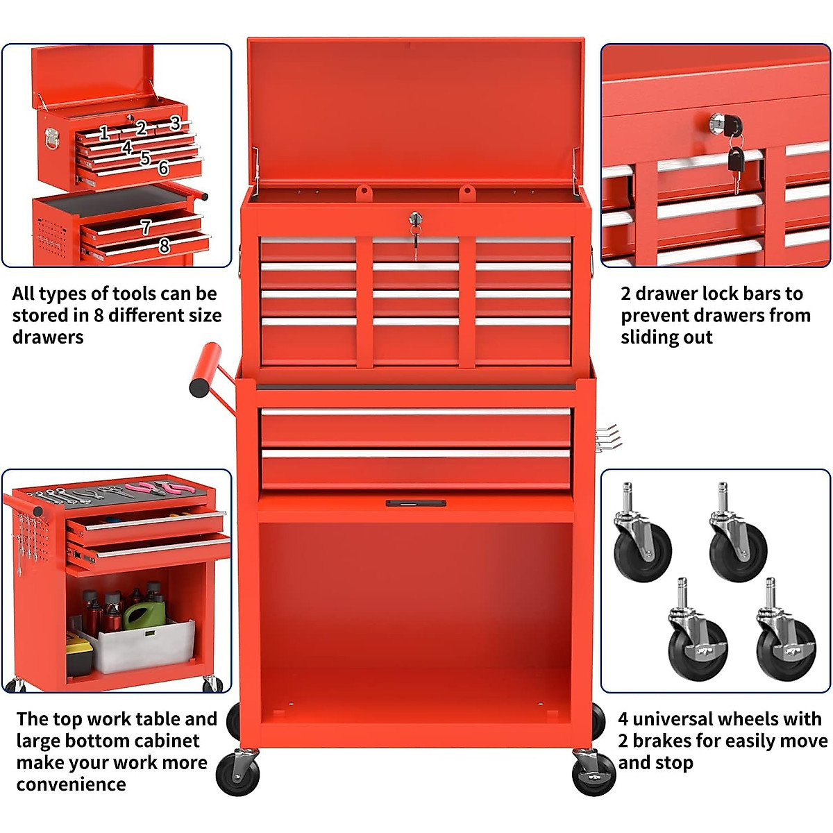 DUSACOM 8-Drawer High Capacity Rolling Tool Box with Wheels,Rolling Tool Chest with Drawer,Tool Box on 4 Wheels with Lock, Tool Storage Cabinet Removable Portable Box for Garage Warehouse