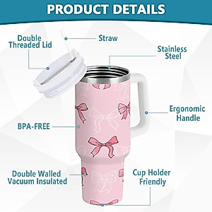 KEEPREAL 40 oz Watercolor Bows Tumbler with Handle, Insulated Sports Water Bottle with Lid and Straw, Thermal Stainless Steel Travel Coffee Mug Cup