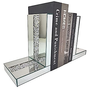 FYWDGLART Mirrored Decorative Bookends.Silver Crush Diamond Decorating Bookend.Skid-Resistant Design.Bookshelf Decor.9X6X5.1inches,Set of 2.